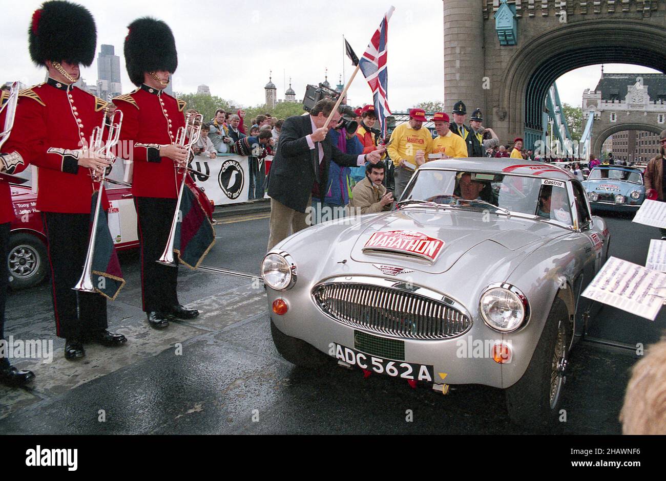 Paddy Hopkirk starting the 1991 Pirelli Classic Marathon historic road ...