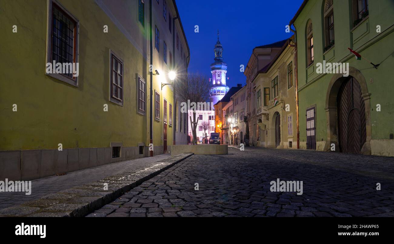 Illuminated Sopron narrow street in Hungary Stock Photo - Alamy