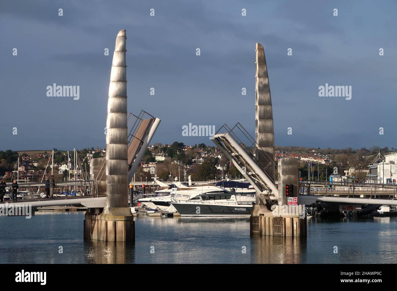 A double bascule pedestrian lifting bridge across the entrance to the ...