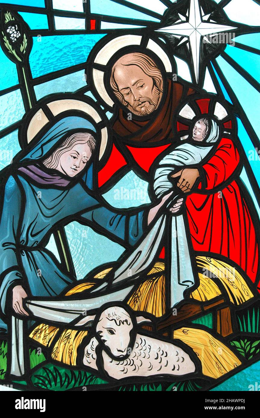 Nativity scene on the stained glass window Stock Photo - Alamy
