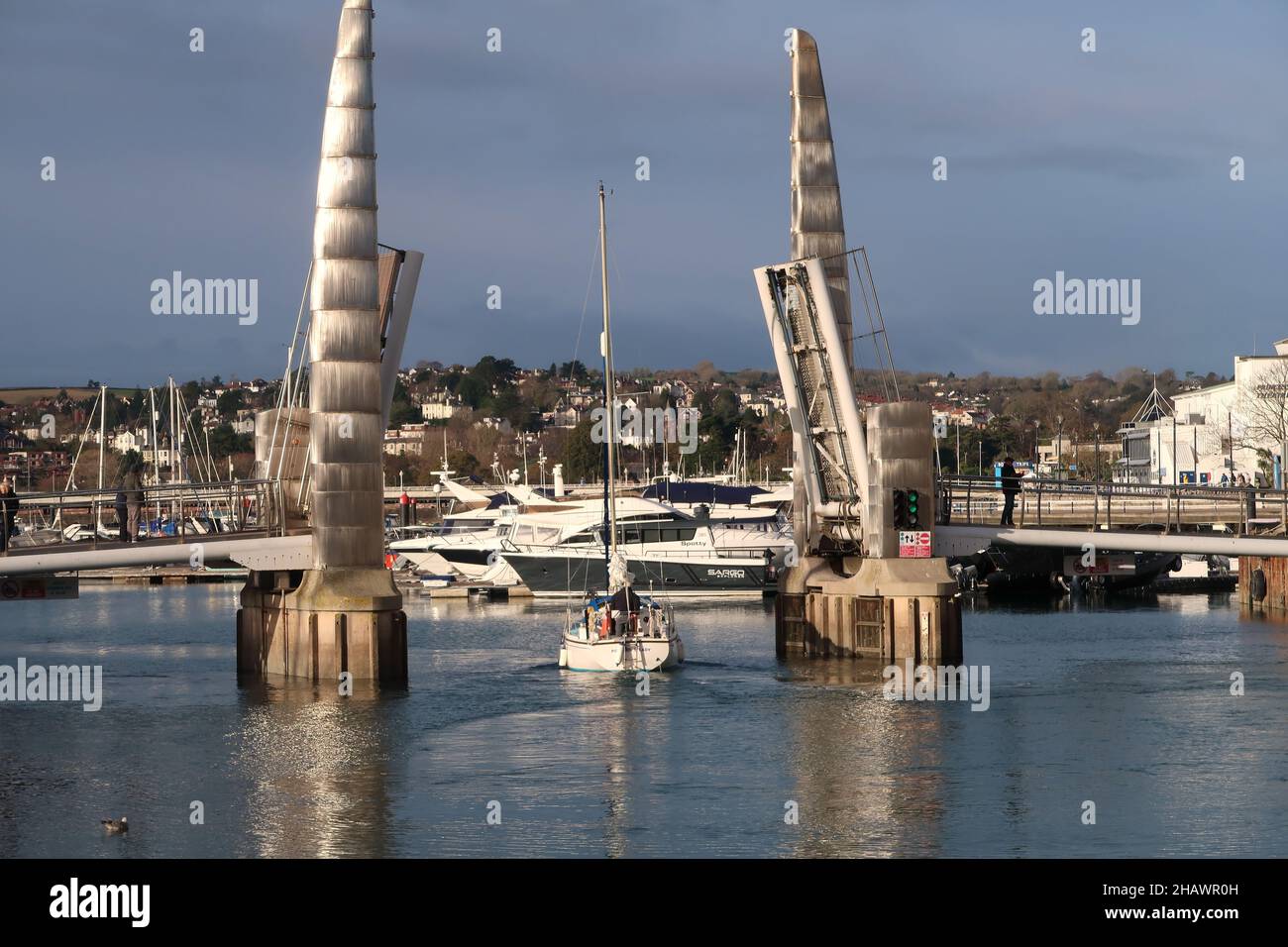 A double bascule pedestrian lifting bridge across the entrance to the ...