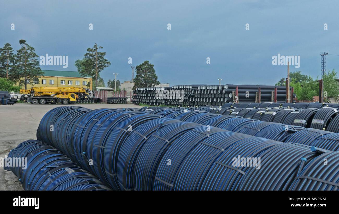 Warehouse of finished plastic pipes industrial outdoors storage site ...