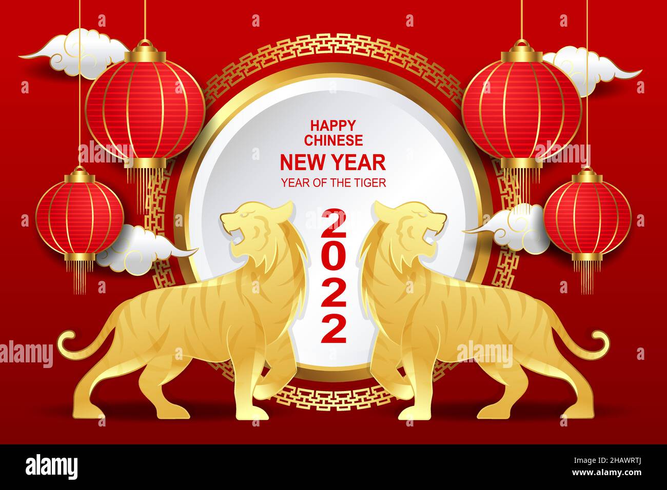 Happy Chinese new year 2022 with two golden tiger and lantern Stock ...