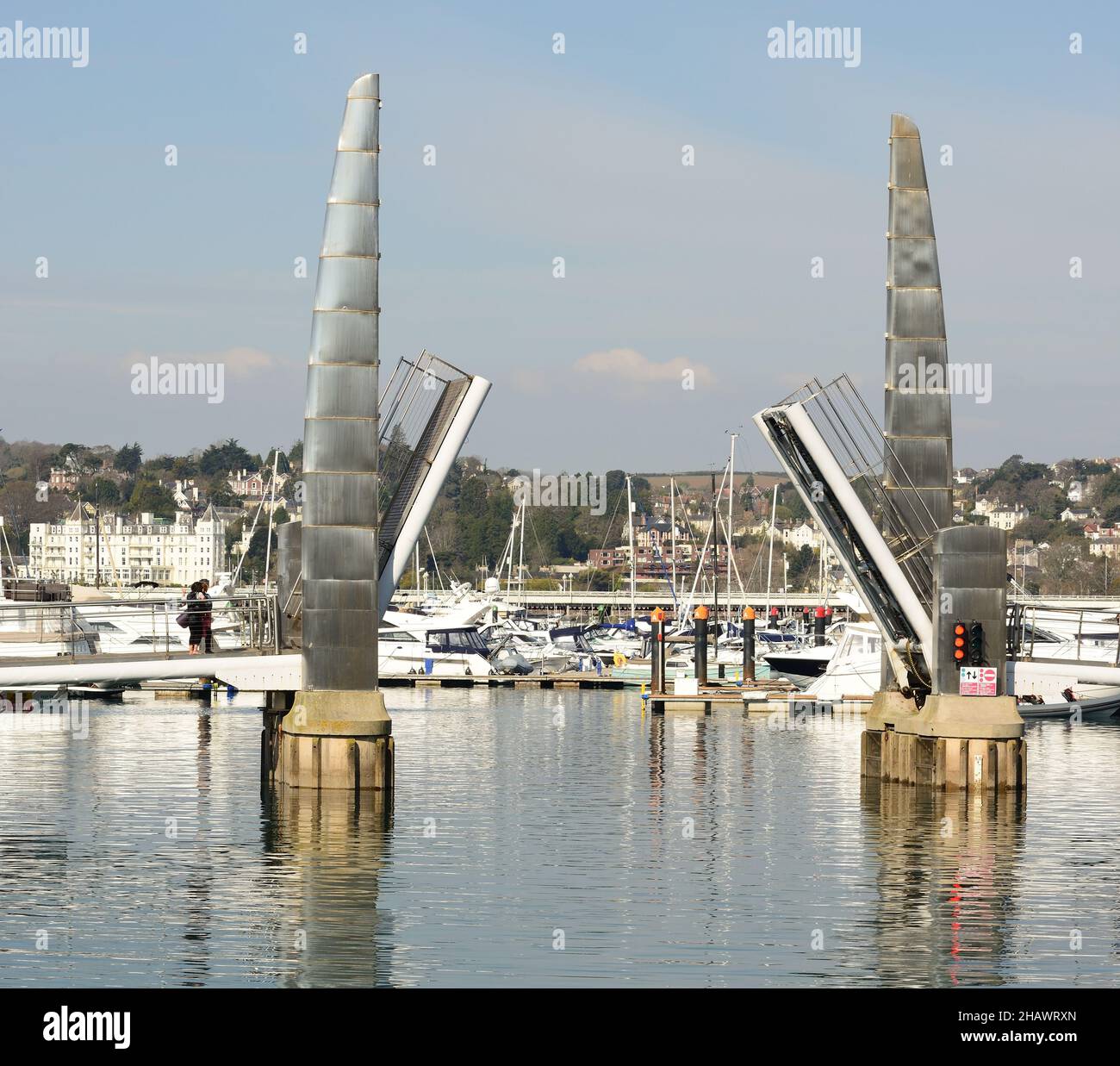 A double bascule pedestrian lifting bridge across the entrance to the ...