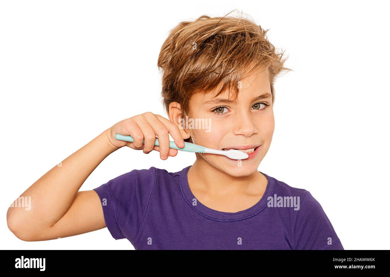 cute blonde boy is brushing his teeth isolated on white Stock Photo - Alamy