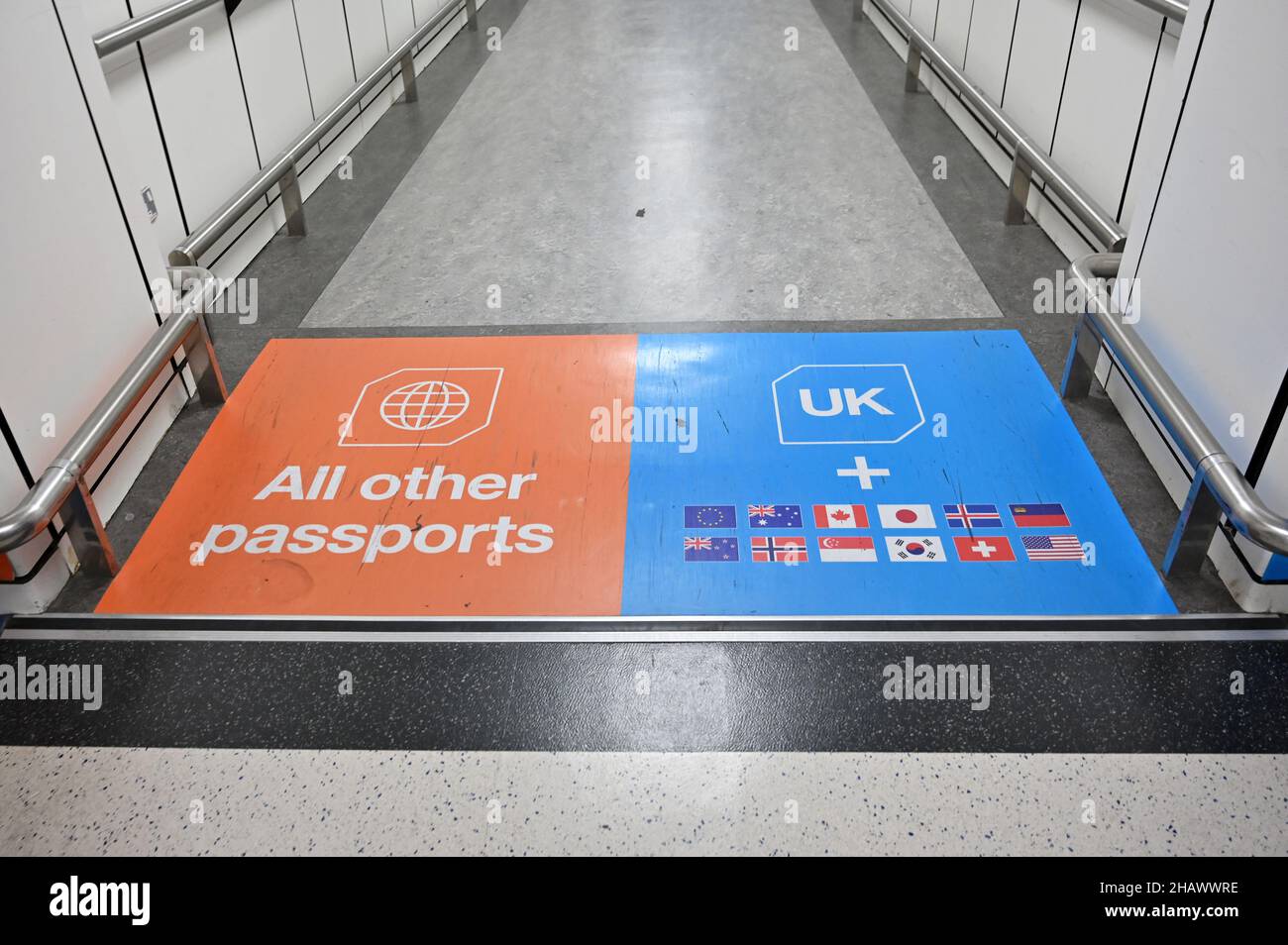 Passport control sign. Gatwick Airport, London, UK. December 2021 Stock ...
