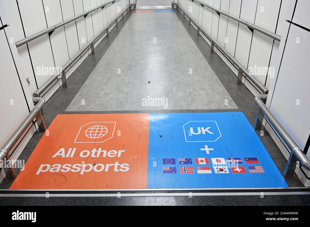 Passport control sign. Gatwick Airport, London, UK. December 2021 Stock ...