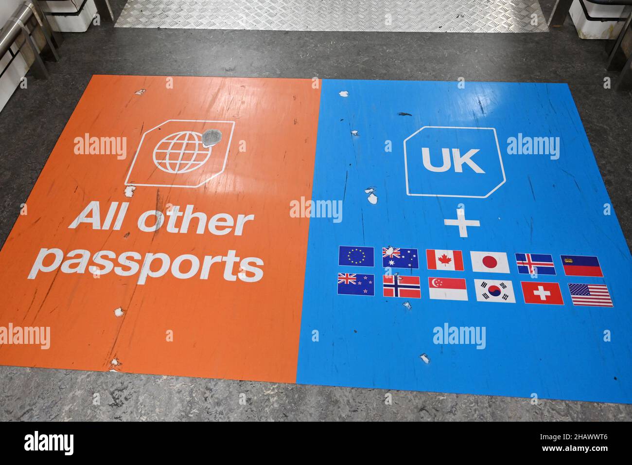 Passport control sign. Gatwick Airport, London, UK. December 2021 Stock ...