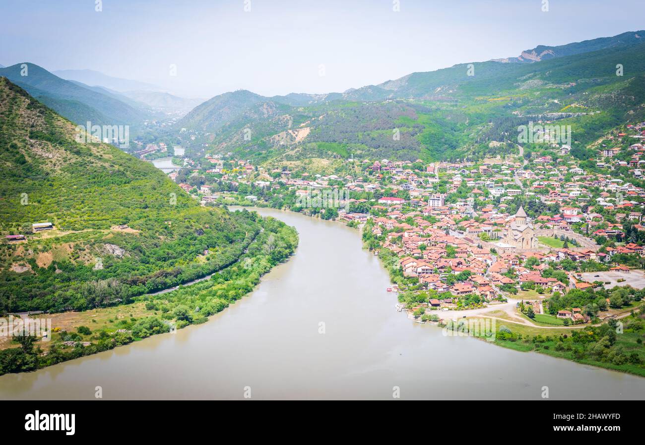 Mtkvari river from aerial perspective. Background panorama image of ...