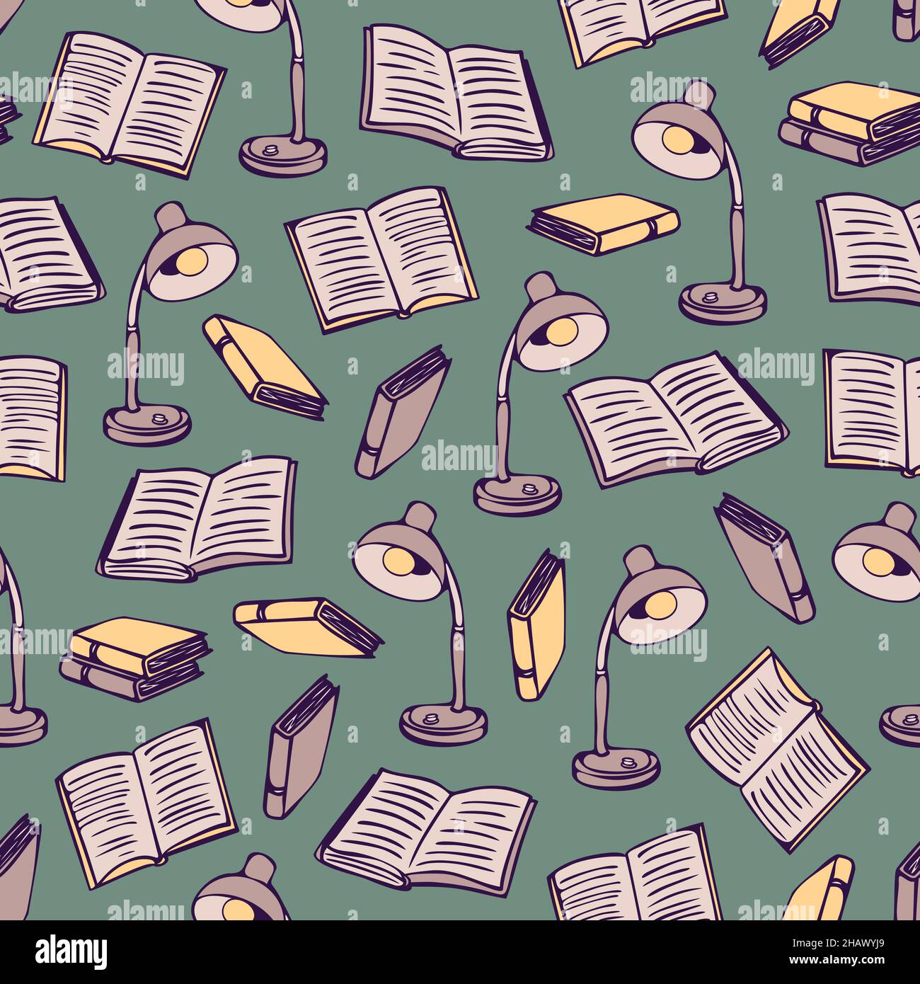 Vector seamless pattern with books and lamps. Hand drawn design Stock ...