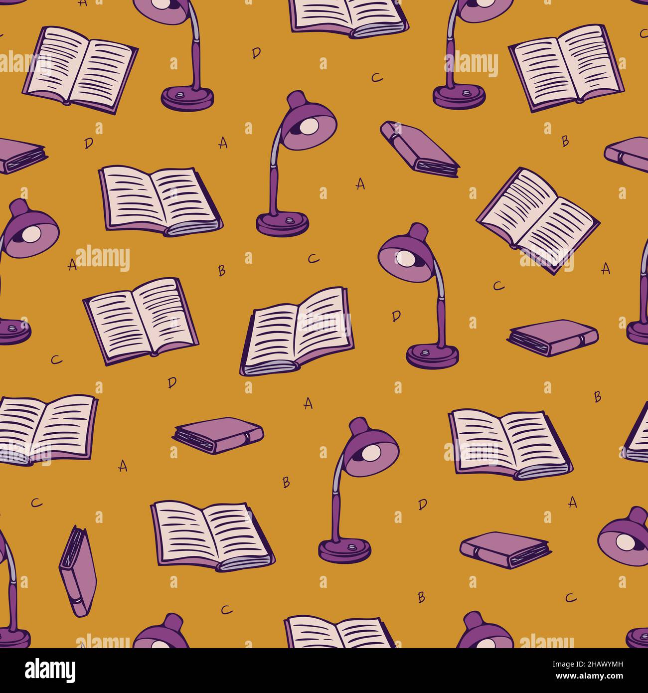 Vector seamless pattern with books, letters and lamps. Design in ...