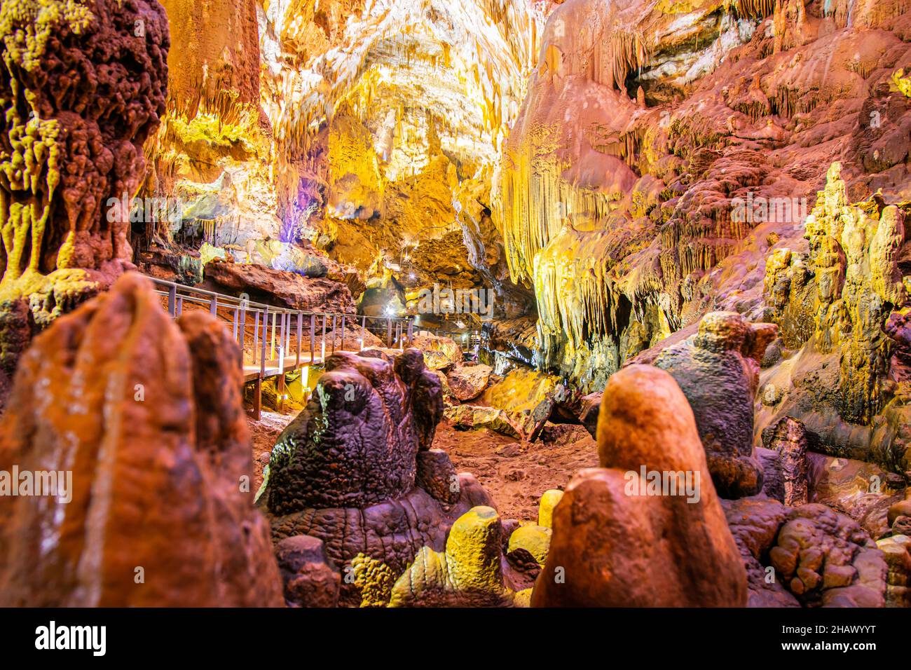 Stunning view inside Prometheus cave with no tourists and illiuminated ...