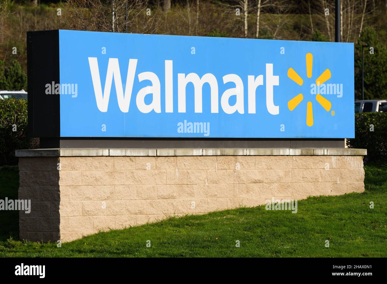 Monroe, WA, USA - December 14, 2021; Walmart roadside store sign in ...