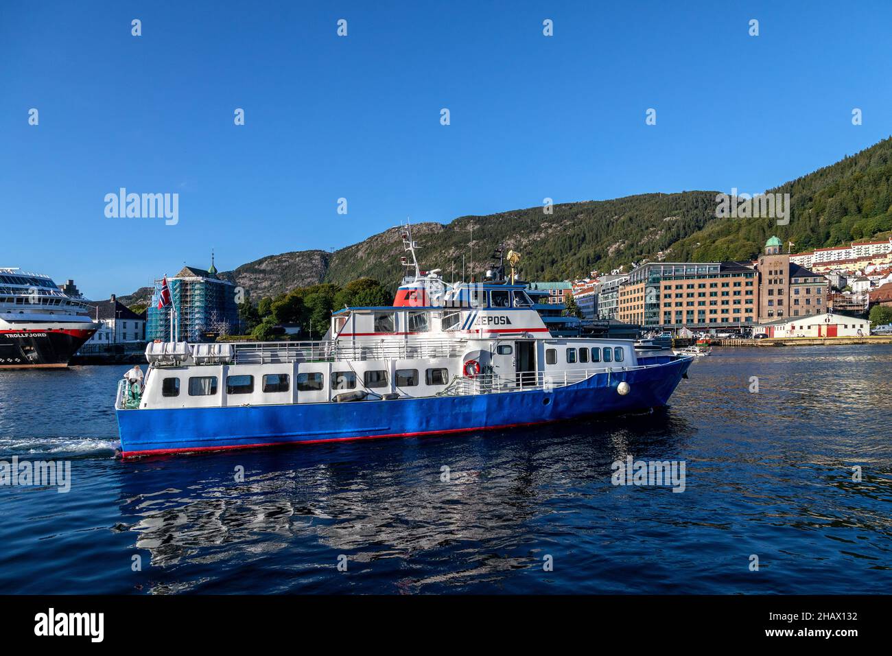 Book boat, floating library Epos in the port of Bergen, Norway Stock ...