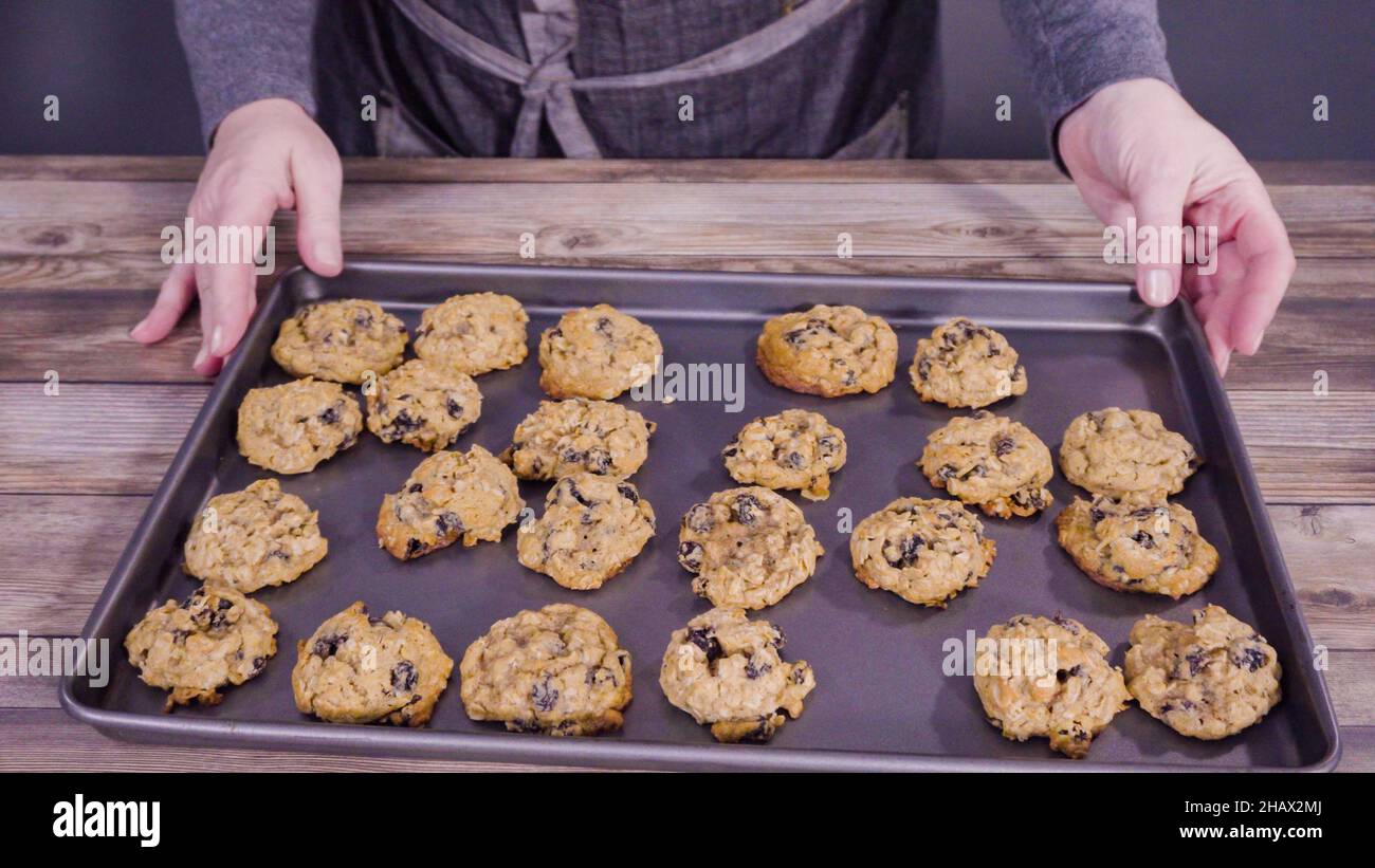 Step by step. Freshly baked chewy oatmeal raising cookies Stock Photo ...
