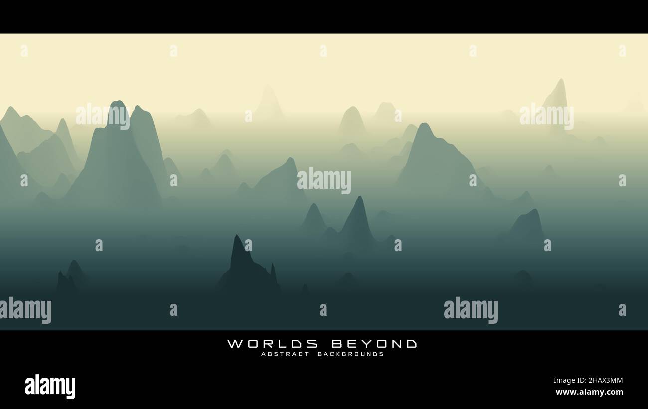 Abstract green landscape with misty fog till horizon over mountain ...