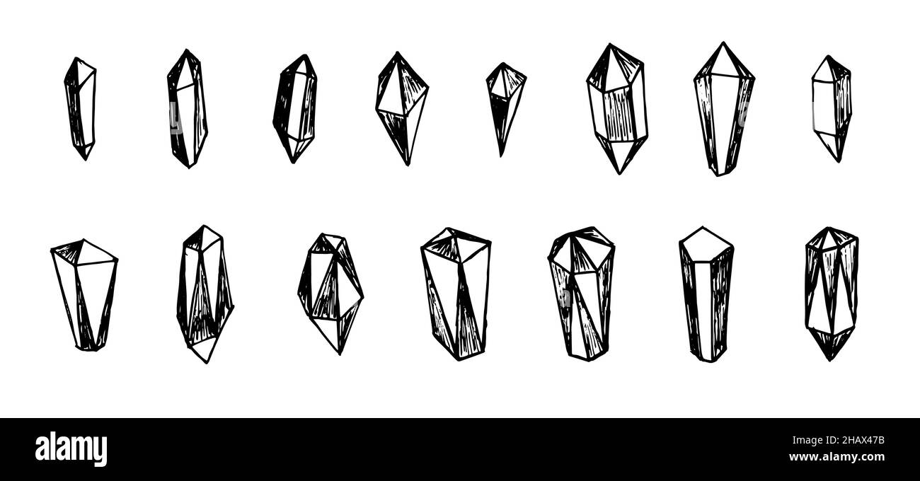 Crystal minerals linear hand drawn icon set. Line sketch art gem stone ...