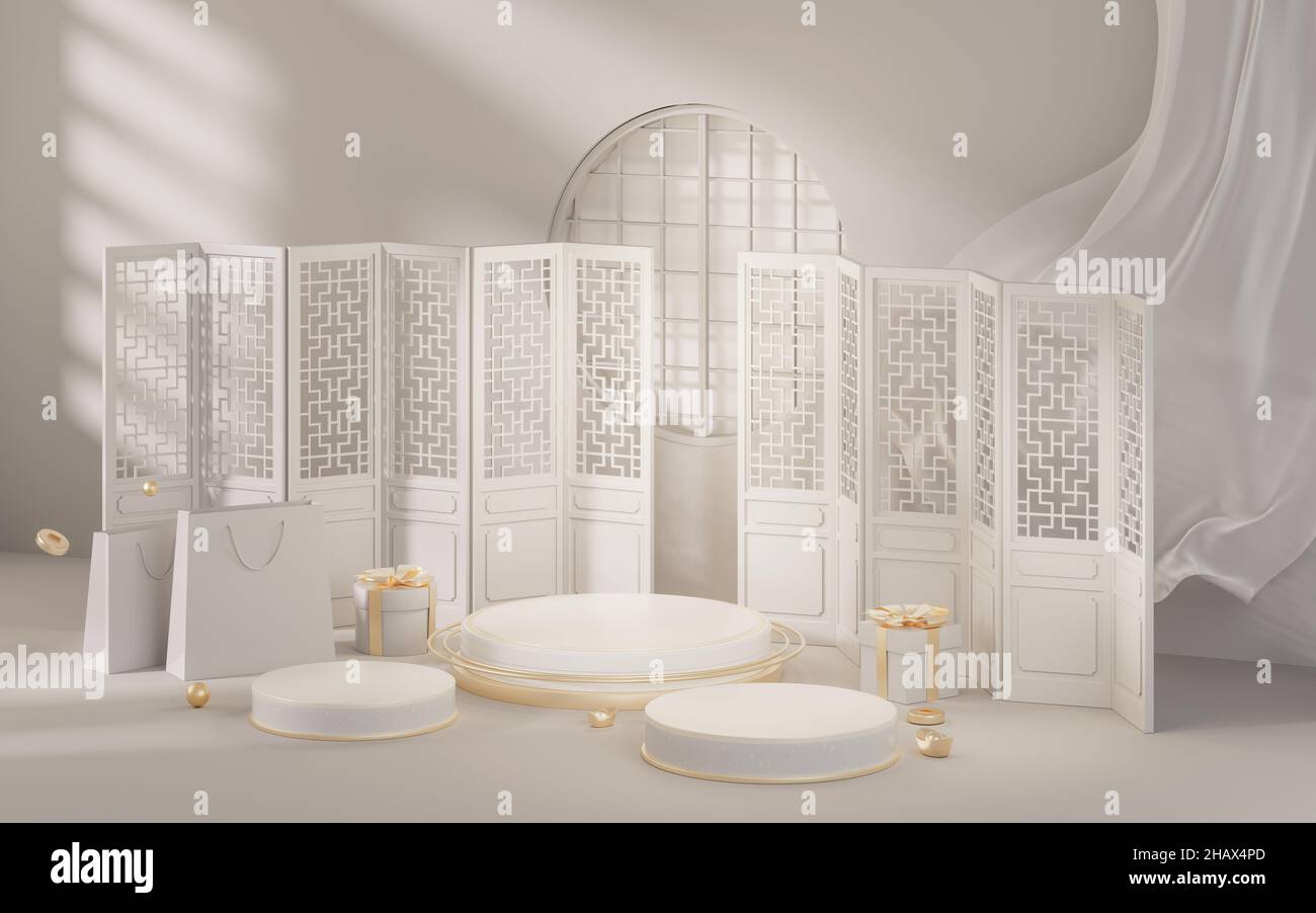 Empty stage with white Chinese style background, 3d rendering. Computer ...