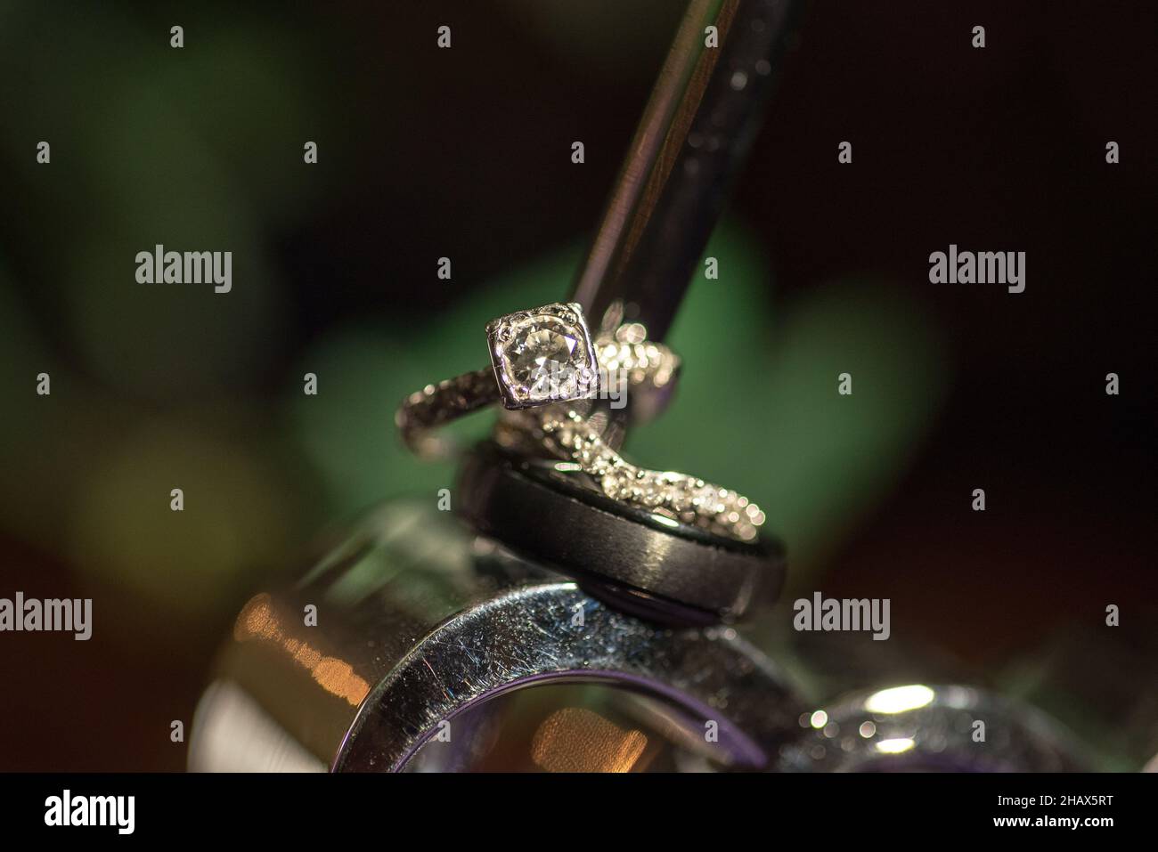 Bride and Groom gold wedding rings on gold letter outdoors with freen ...