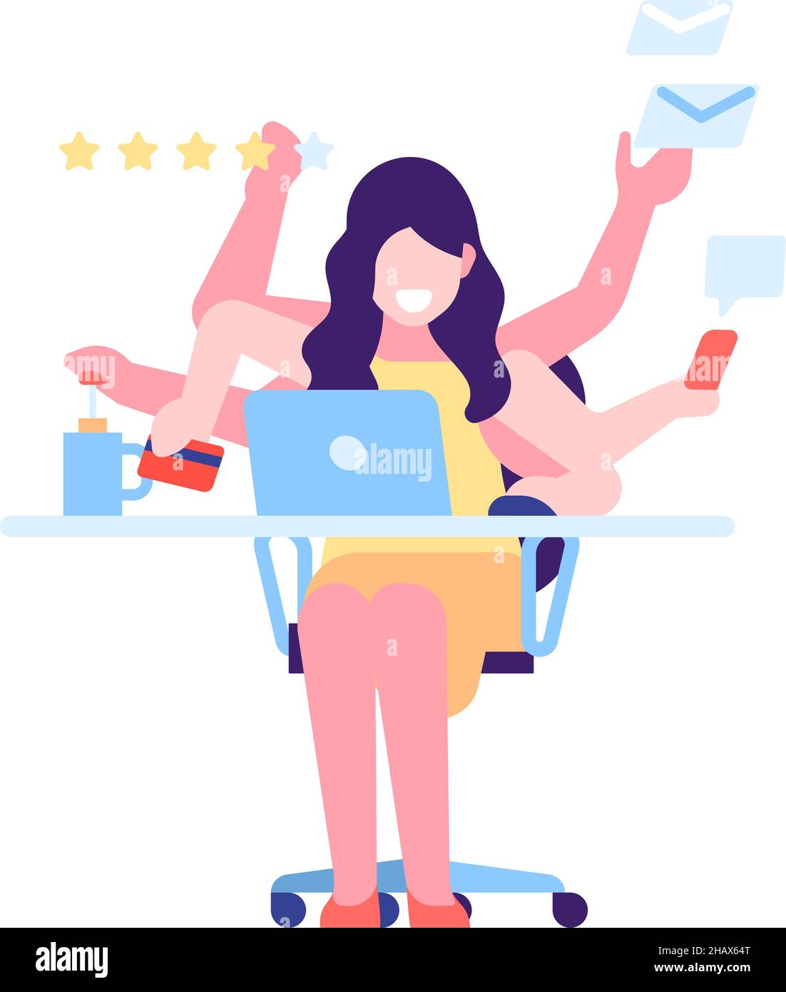 Busy woman with many arms doing work. Multitasking concept Stock Vector ...