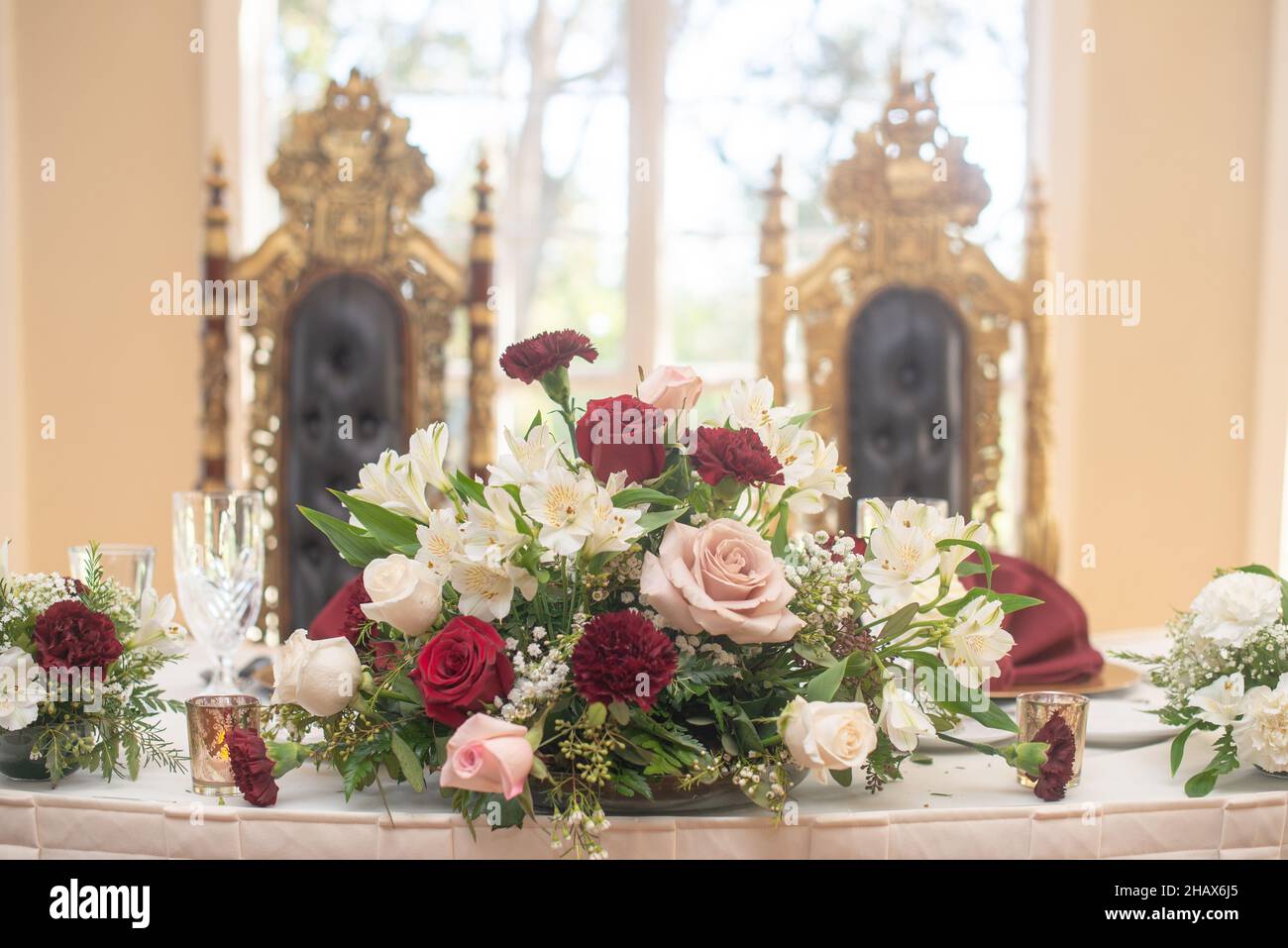Red, pink and white floral centerpiece at wedding reception sweet heart ...