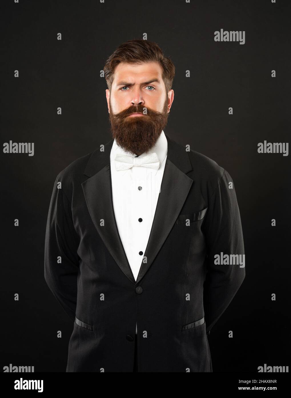 bearded groom in tuxedo on black background, formalwear Stock Photo - Alamy