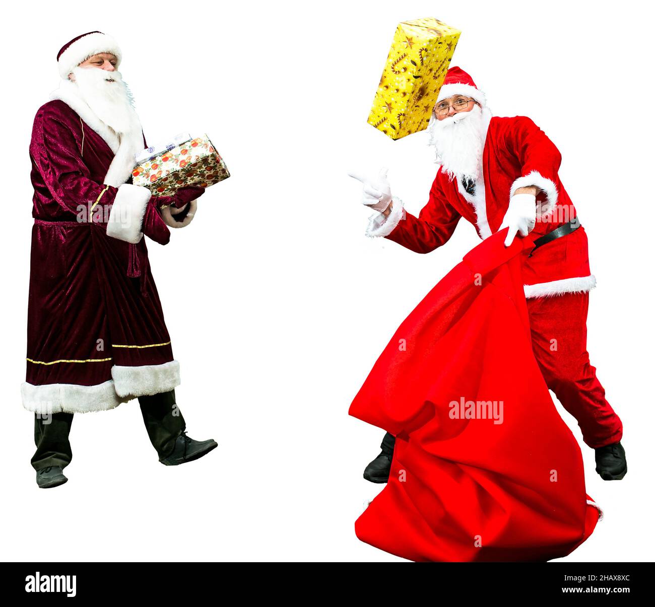 Two Santa Clauses collect a bag of gifts. Humor. Isolated for New Year ...