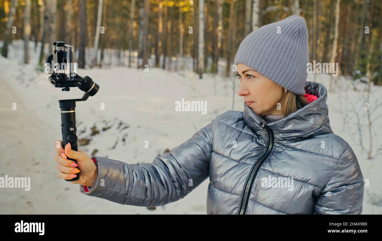 Woman Holding On Handheld Film 3-axis Gimbal Stabilization Devic Stock ...