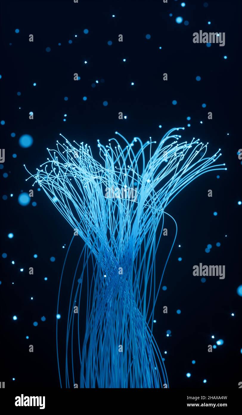 Glowing particles and lines with black background, 3d rendering ...