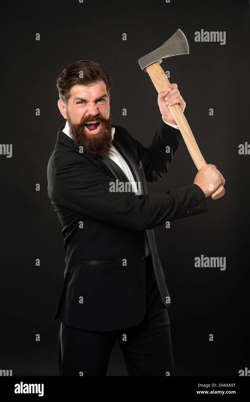 Threaten to cut. Angry man threaten with axe. Screaming with furious ...