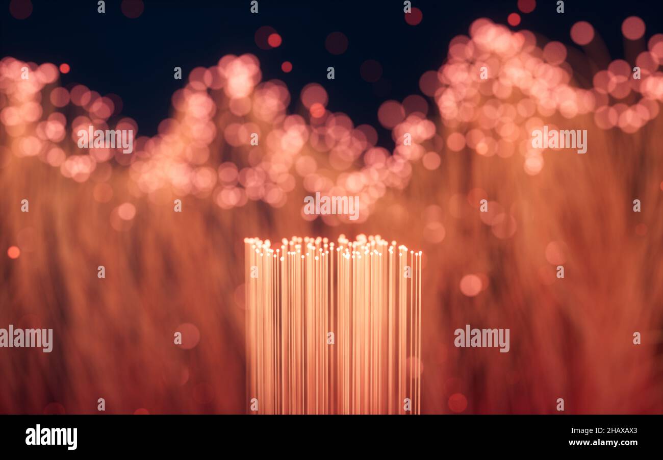 Glowing particles and lines with black background, 3d rendering ...