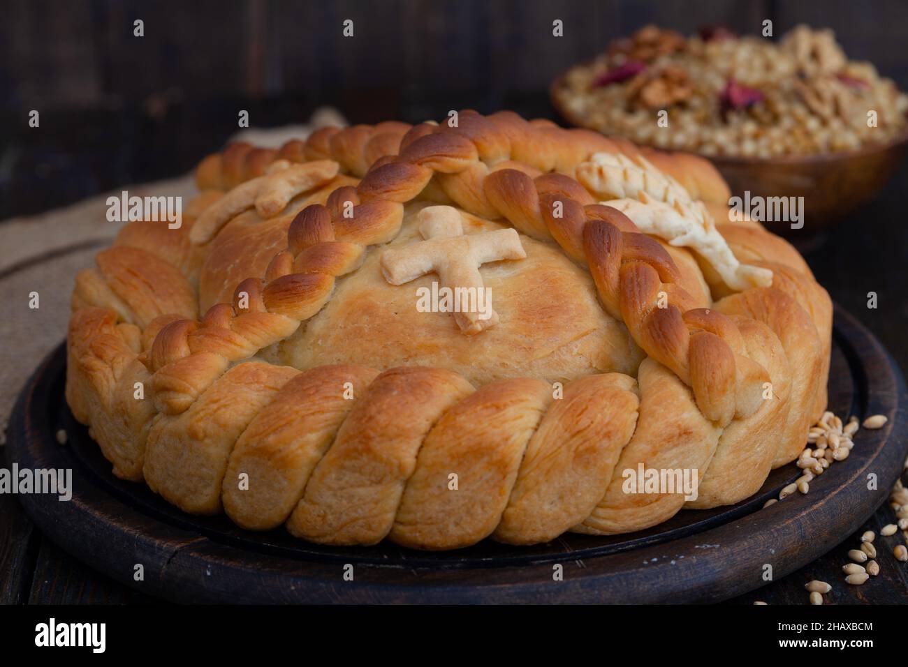 Serbian slava cake with a cross, close up. Slavski kolač. Decorative ...