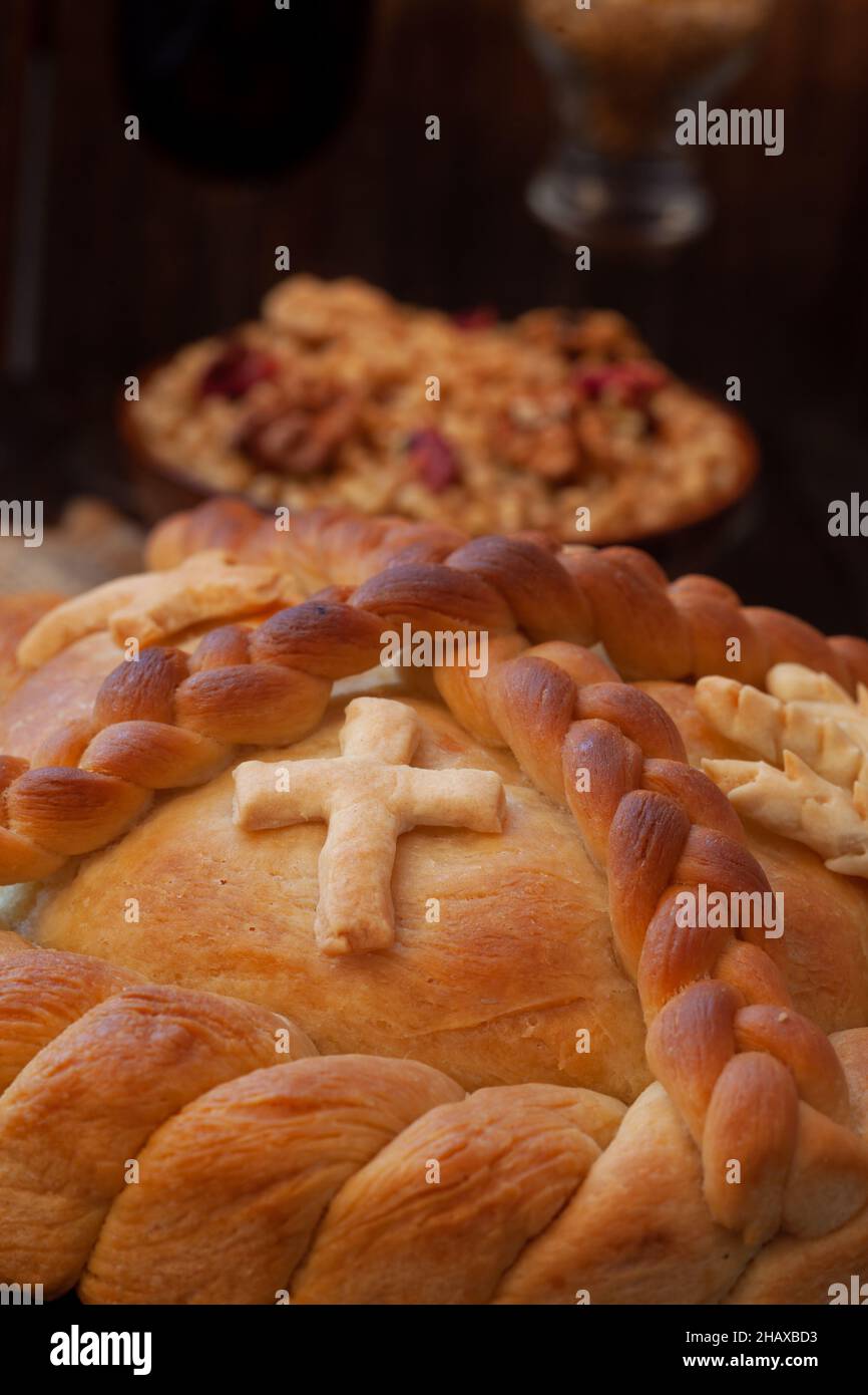 Serbian slava cake with a cross, close up. Slavski kolač. Decorative ...