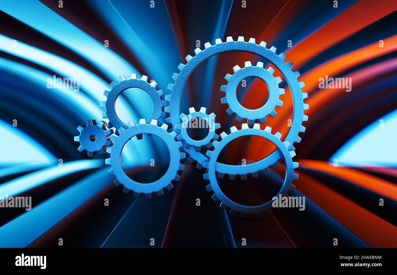 Meshing mechanical gears, metallic parts, 3d rendering. Computer ...