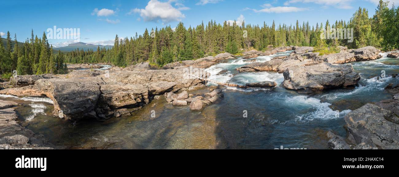 Panoramic northern landscape with rapids and cascades of wild river ...