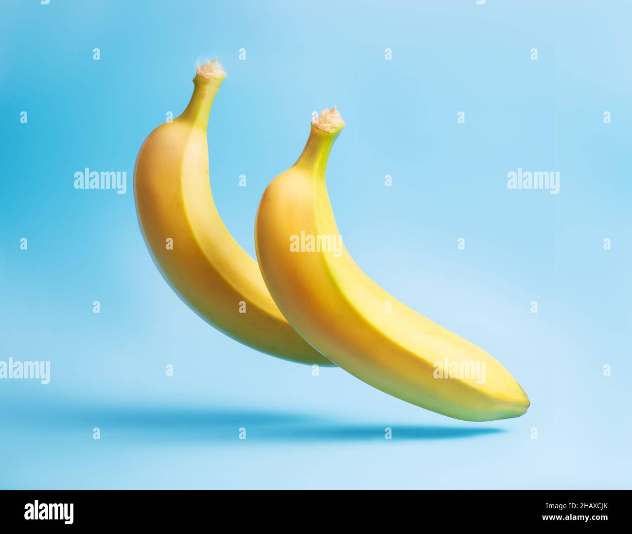 Banana levitation. Two yellow bananas on a blue background Stock Photo ...