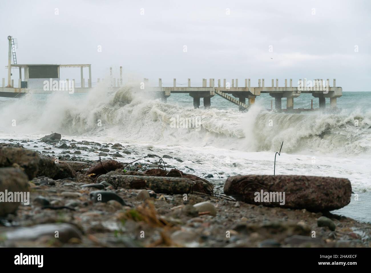 Storm waves on the Black Sea coast, Batumi, Georgia. Huge waves under ...