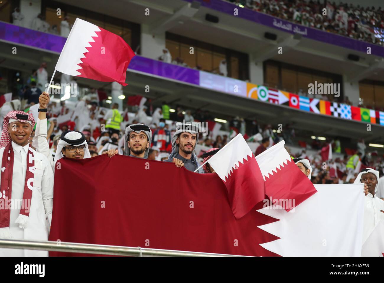 Doha, Qatar. 15th Dec, 2021. Qatari fans cheer in the stands prior to ...