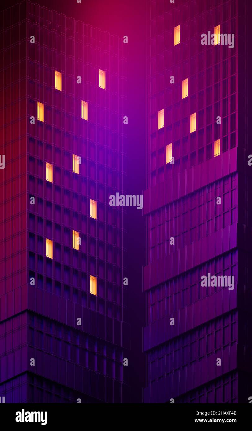 Urban building at night, modular building,3d rendering. Computer ...