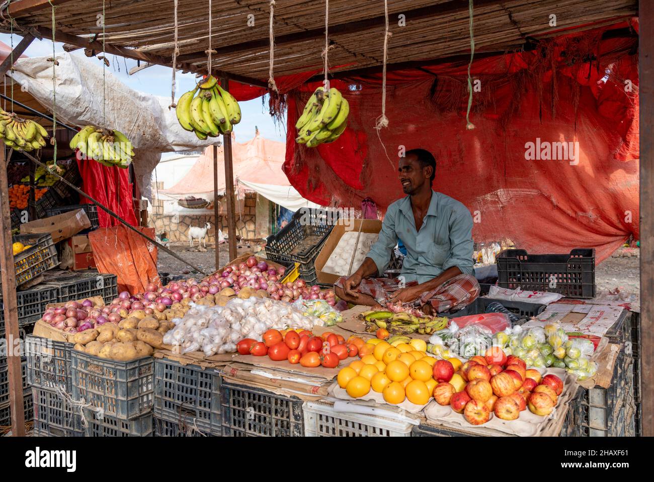 Market of fresh fruits on the street of the capital city Hadiboh ...
