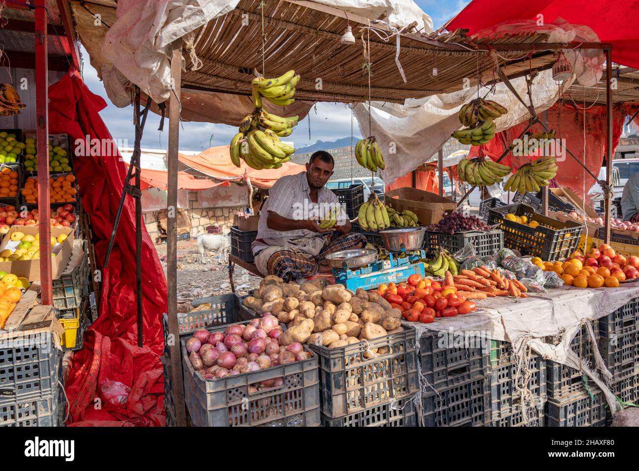Market of fresh fruits on the street of the capital city Hadiboh ...