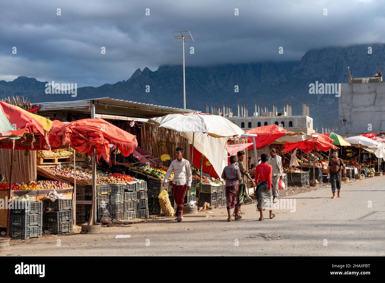 Market of fresh fruits on the street of the capital city Hadiboh ...