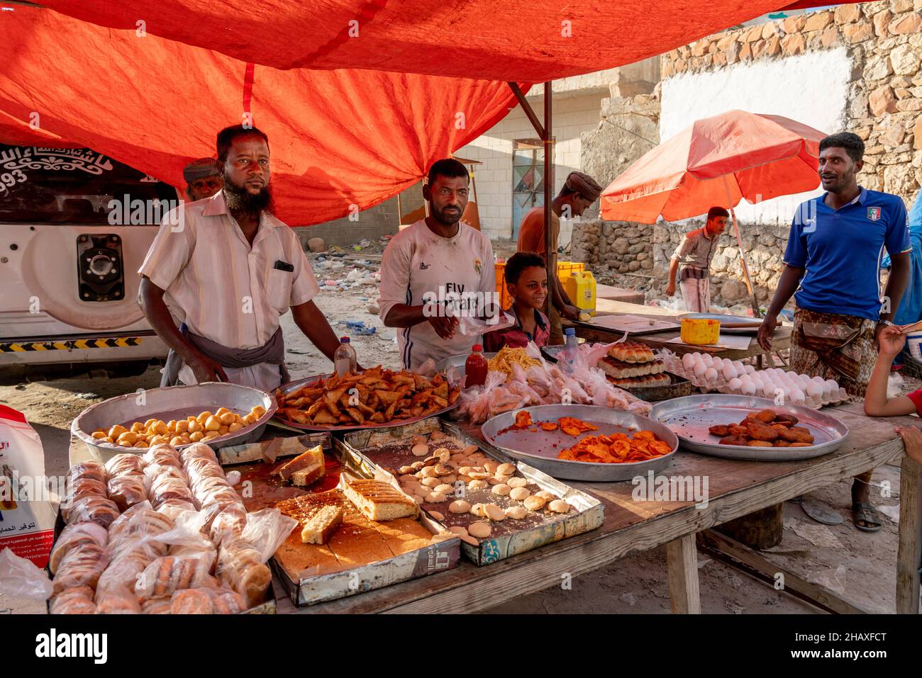 Market of fresh fruits on the street of the capital city Hadiboh ...
