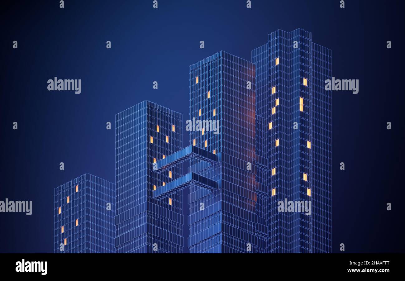 Urban building at night, modular building,3d rendering. Computer ...