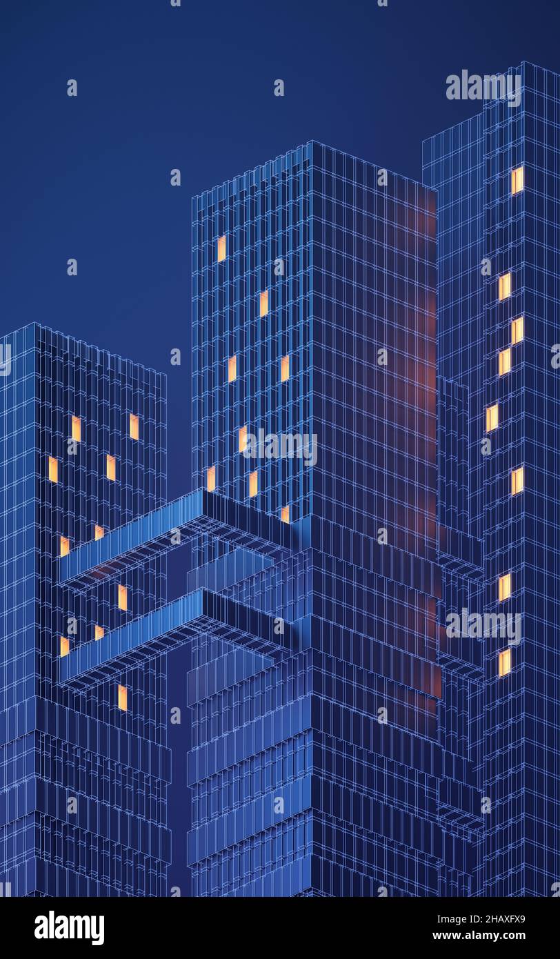 Urban building at night, modular building,3d rendering. Computer ...