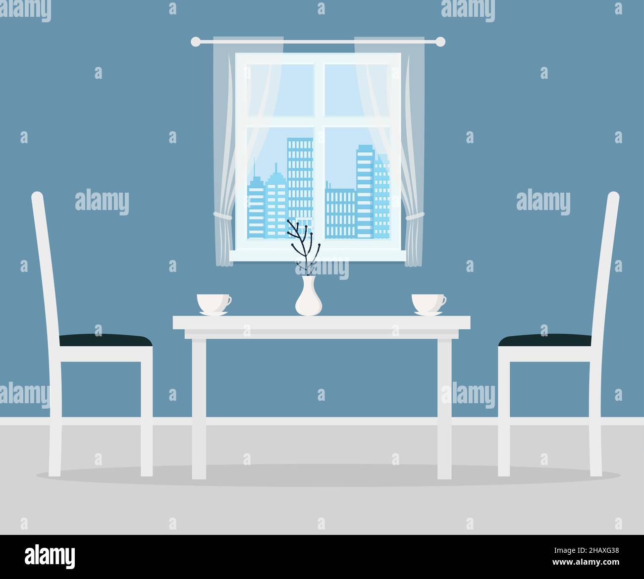 Dining table in kitchen with chairs, cups. Window with curtain. Flat ...