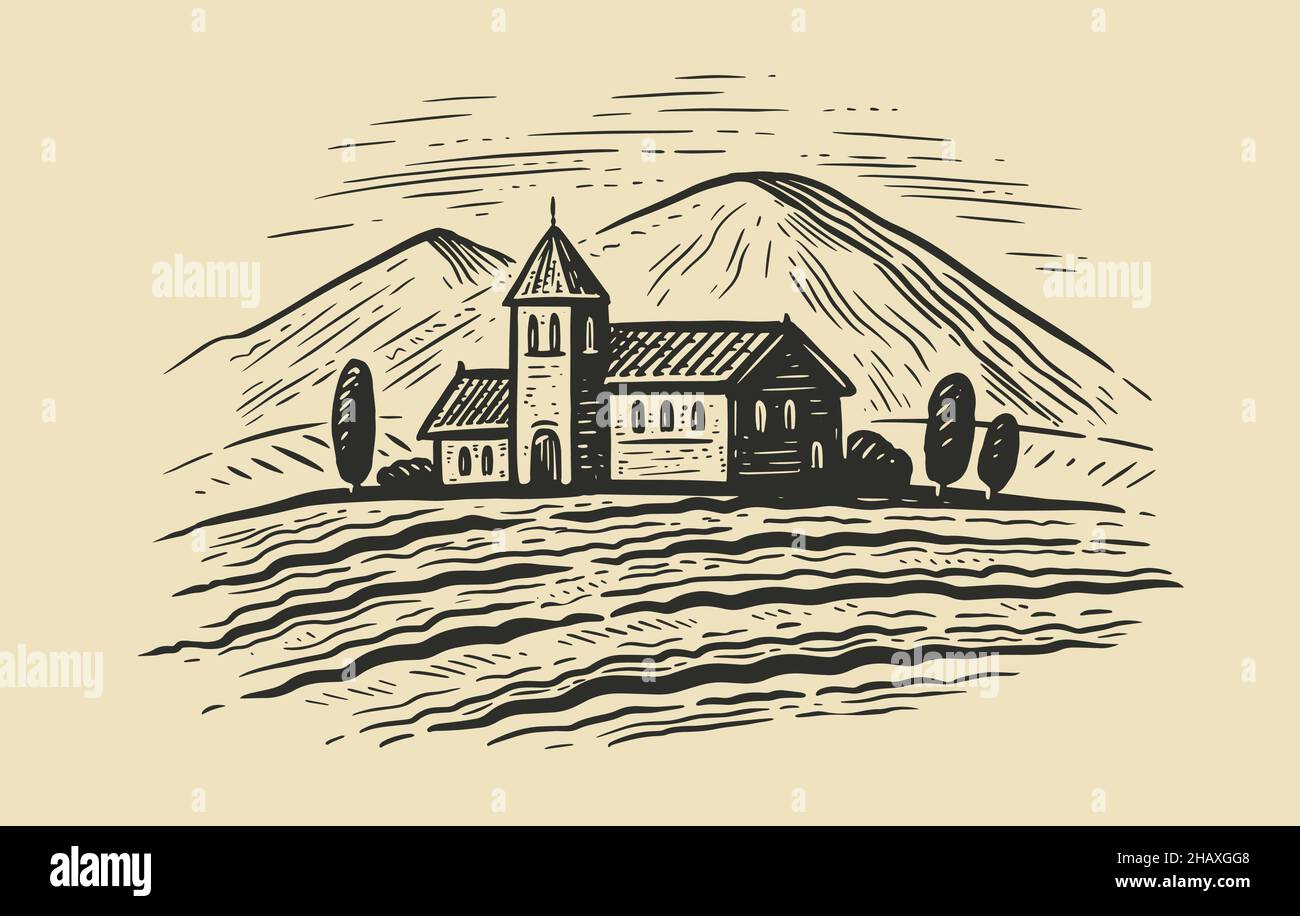 House in village with trees and plowed land. Farm near mountains sketch ...