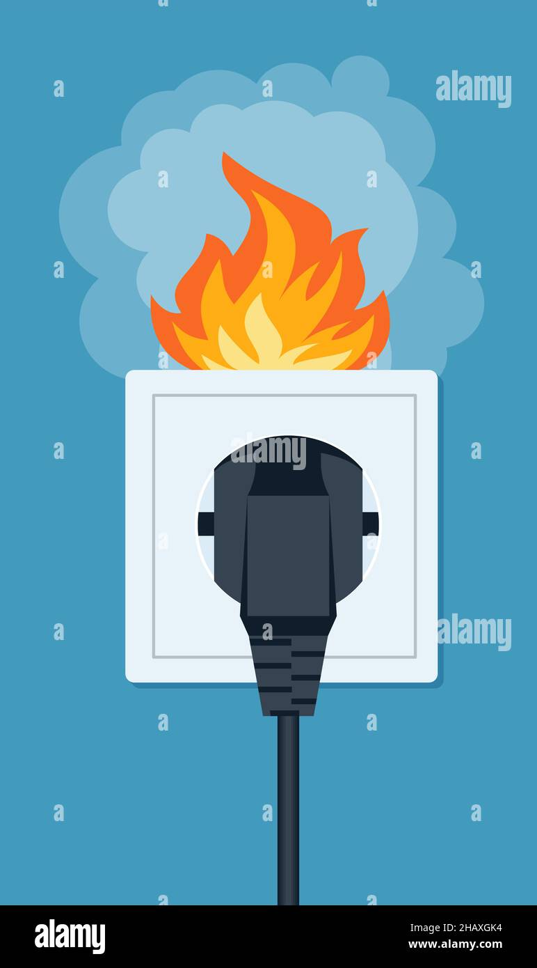 Socket and plug on fire from voltage overload. Vector flat illustration ...