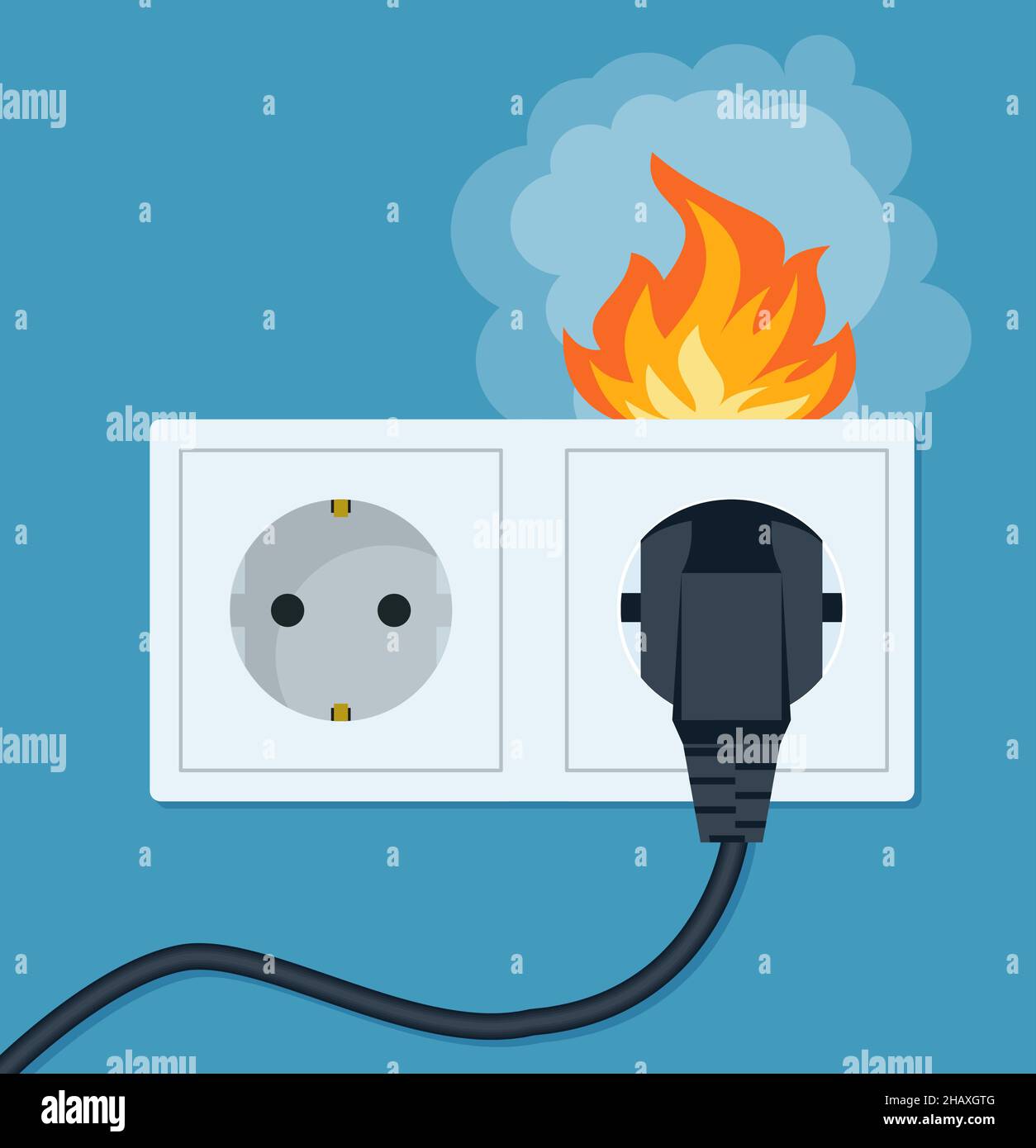 Socket and plug on fire from voltage overload. Vector flat illustration ...