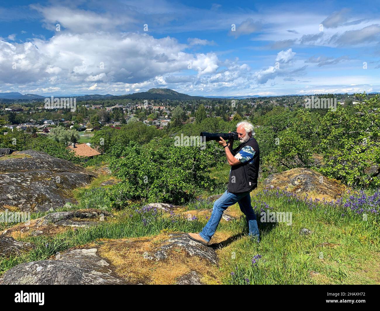 Man standing in rural landscape taking a photo, British Columbia ...
